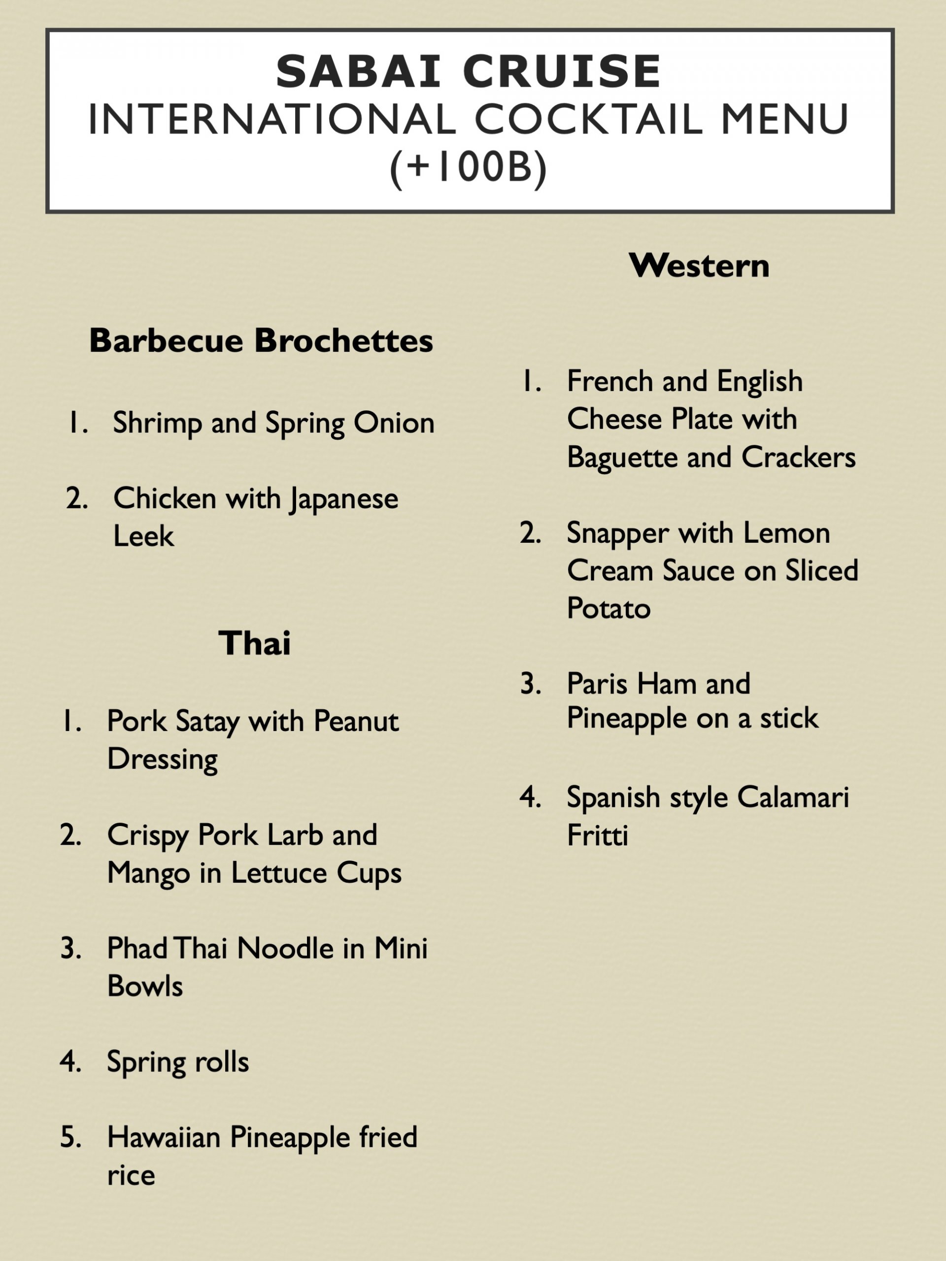 Food Menu for Private Cruises